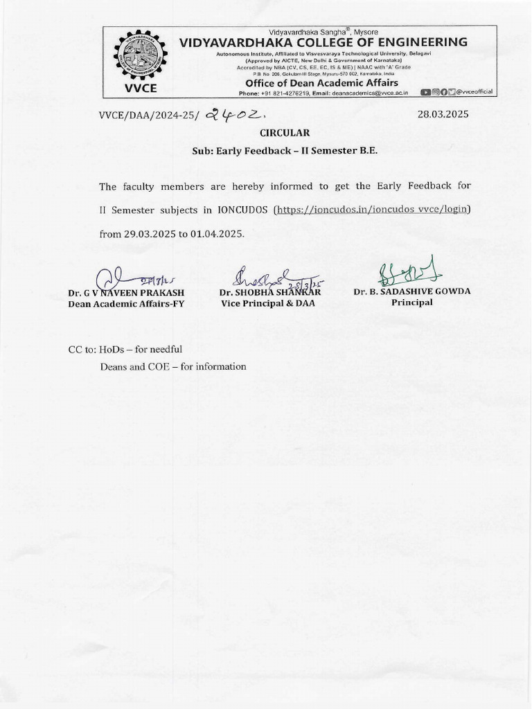 Circular - Early Feedback - II Sem B.E. | PDF