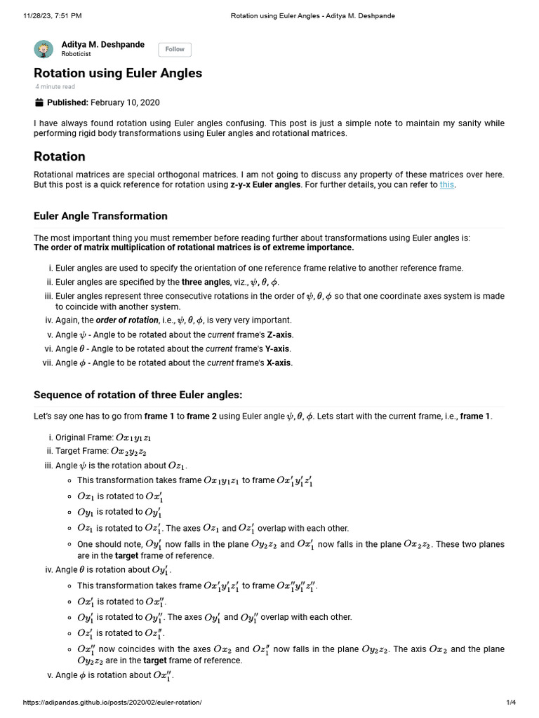 Rotation Using Euler Angles - Aditya M. Deshpande - 2 | PDF | Rotation ...