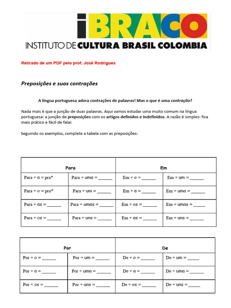 Preposições e Suas Contrações IBRACO | PDF