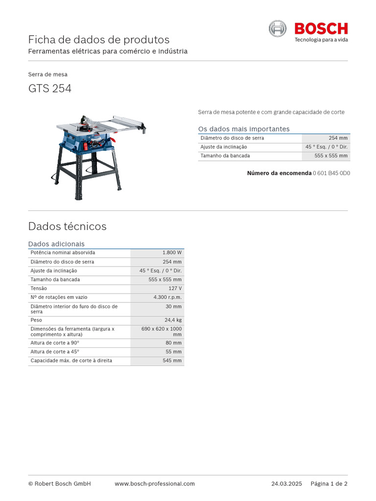 Manual da Serra de Mesa Bosch GTS 254 | PDF