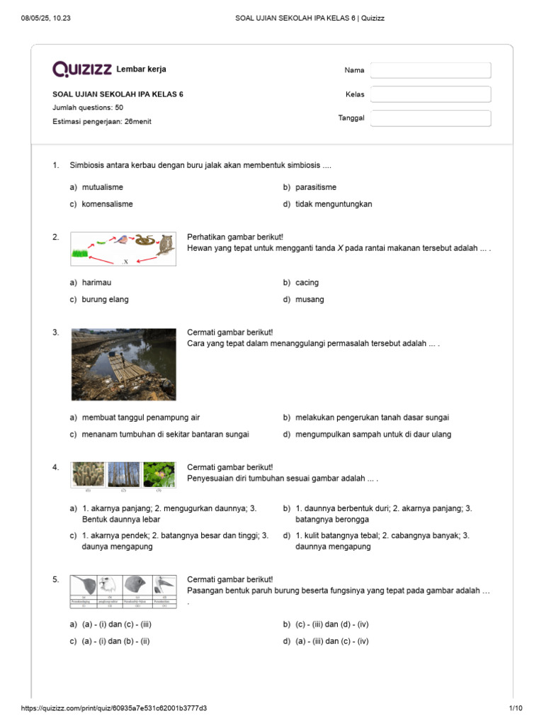 SOAL UJIAN SEKOLAH IPA KELAS 6 - Quizizz | PDF