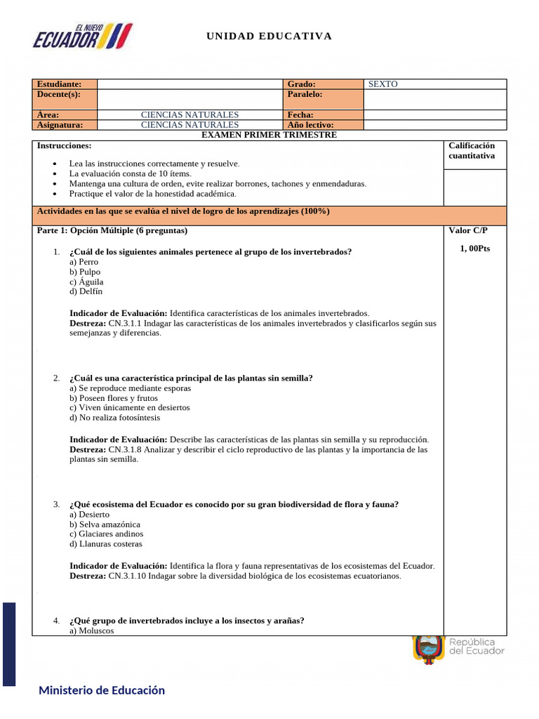 6to - CCNN 1er Trim Examen | PDF | Invertebrado | Plantas