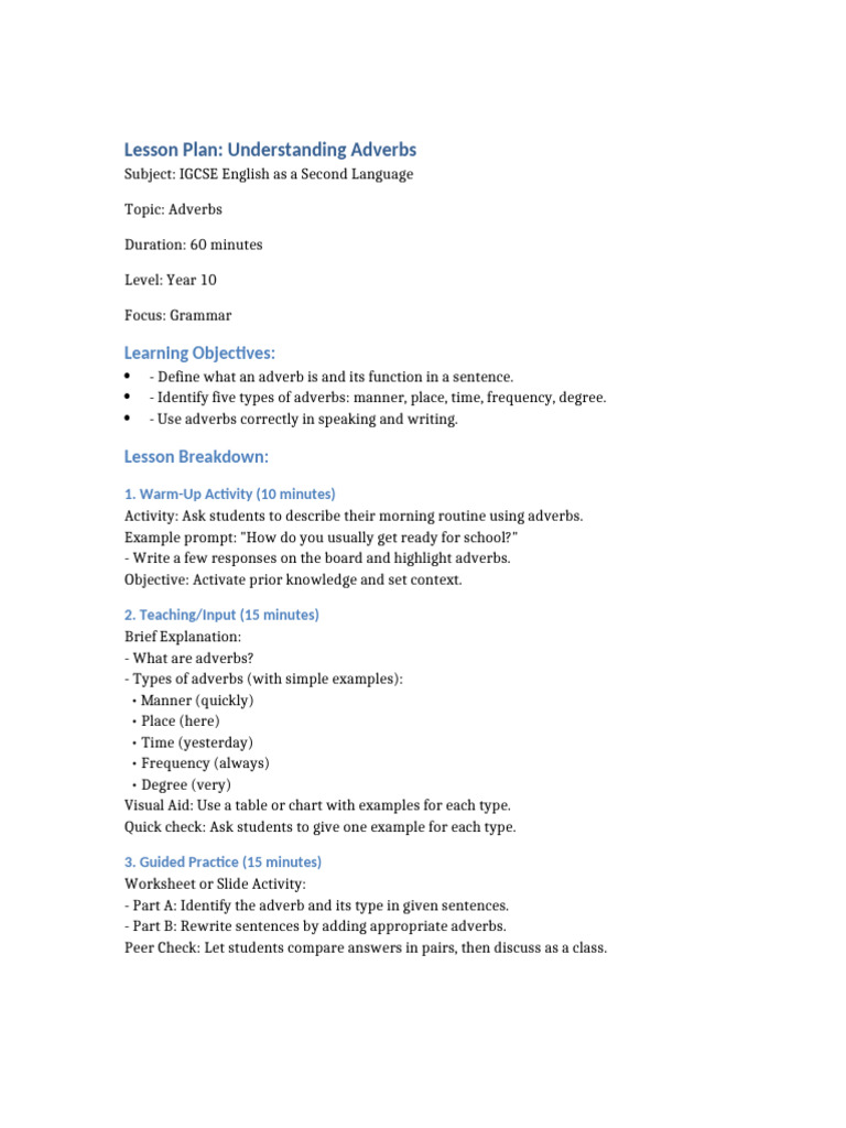 IGCSE Year10 Adverbs Lesson Plan | PDF