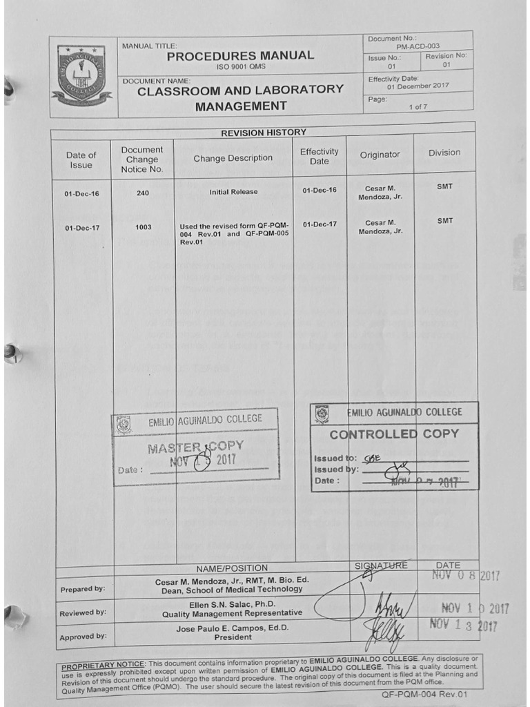 Classroom and Laboratory Management - Pm-Acd-003 | PDF