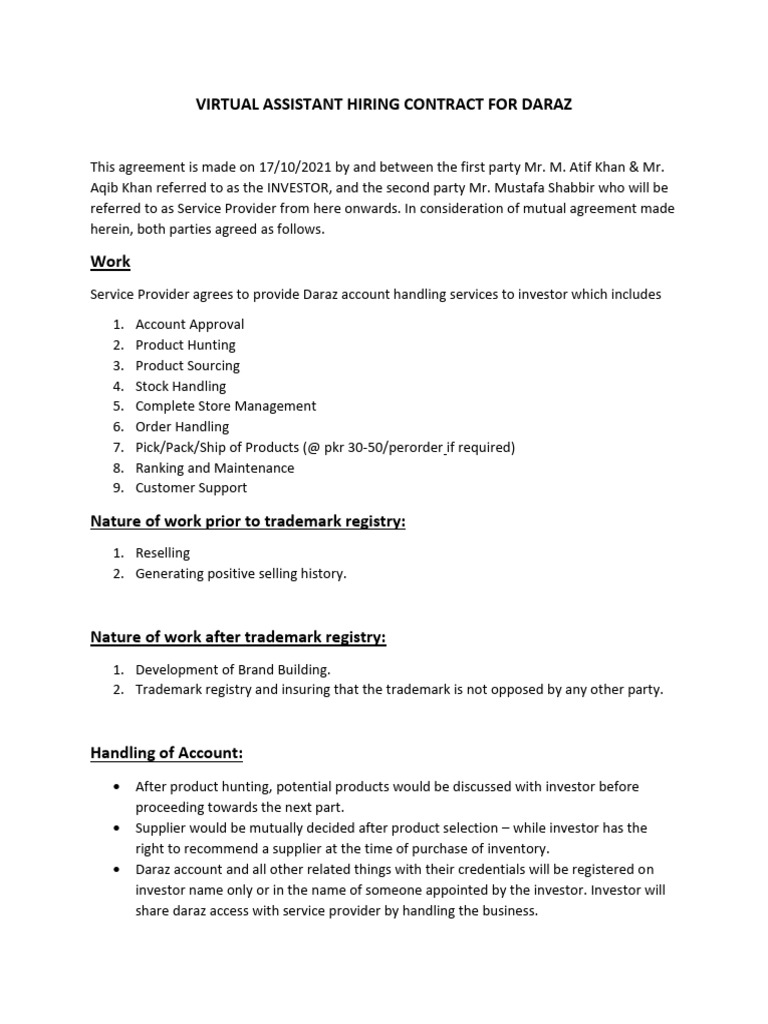 Daraz Virtual Assistant Hiring Contract | PDF | Private Law | Business Law