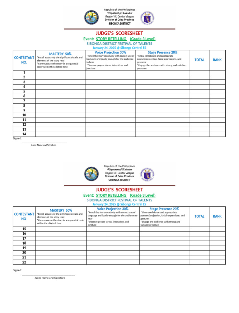 Judges Scoresheet gr.3 Story Retelling | PDF | Human Communication ...