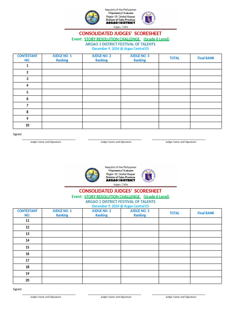 Conso Judges Scoresheet Gr.6 Dfot | PDF