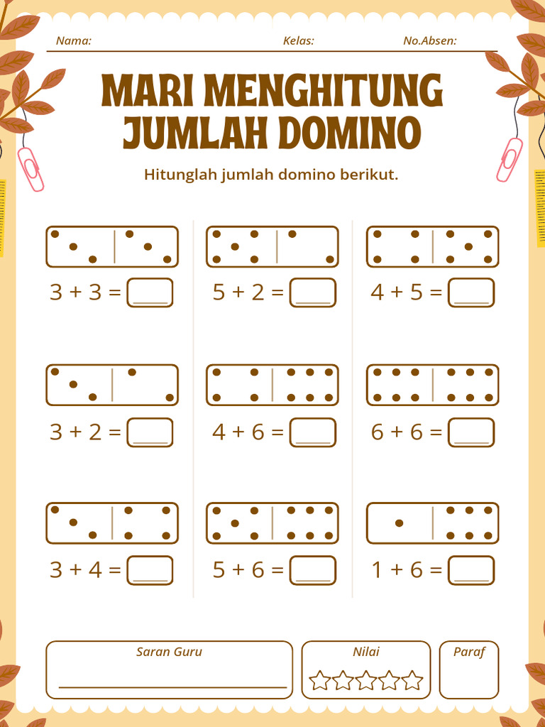 Kuning Ceria Ilustrasi Lembar Kerja Matematika Menghitung Jumlah Domino | PDF