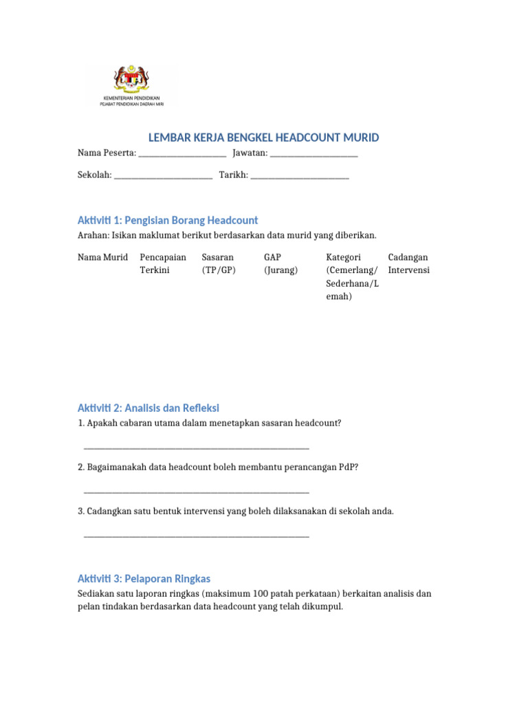 Lembar Kerja Bengkel Headcount Murid | PDF