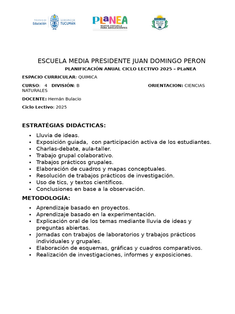 PLANIF 4 nat 2025quimica | PDF | Evaluación | Química