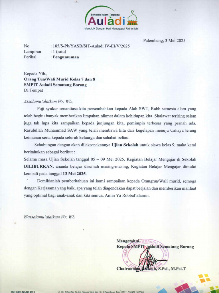 Surat Libur Kelas 7 & 8 | PDF