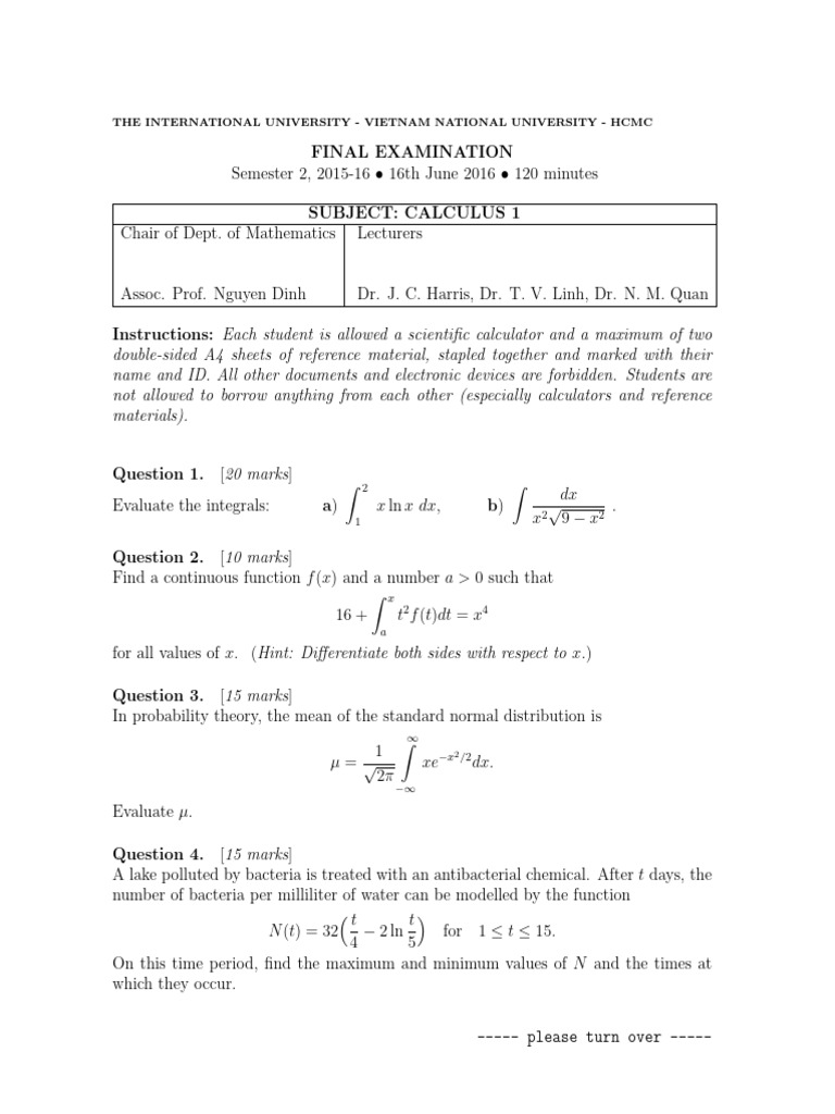 Cal1 Final 2015-16 S2 With Solns | PDF | Mathematics | Mathematical Analysis