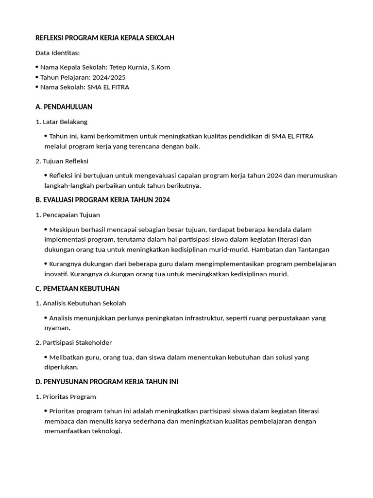 Refleksi Program Kerja Kepala Sekolah 2024 | PDF
