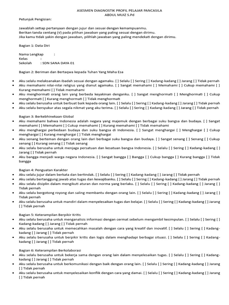 Asesmen Diagnostik Profil Pelajar Pancasila | PDF