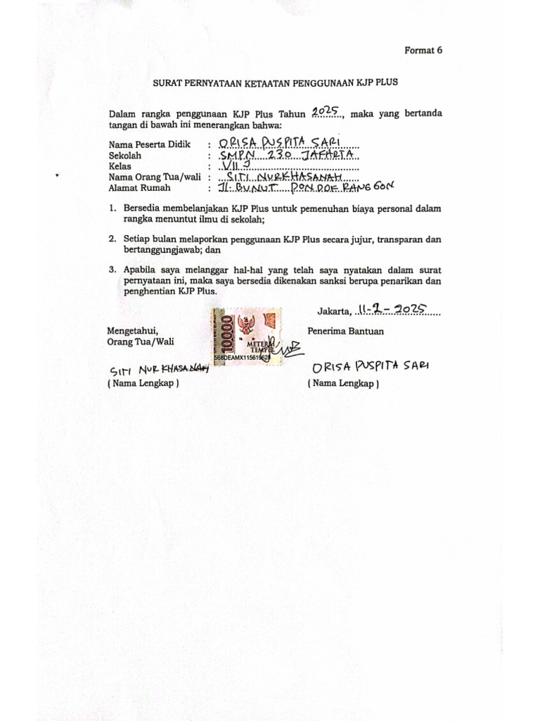 Surat Pernyataan Ketaatan KJP Plus - Rossy Isyaumi | PDF