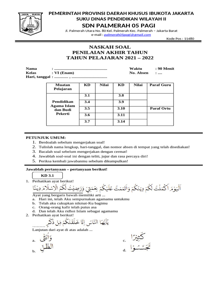 Naskah Soal Pat Pai KLS 6 TP 2021-2022 | PDF