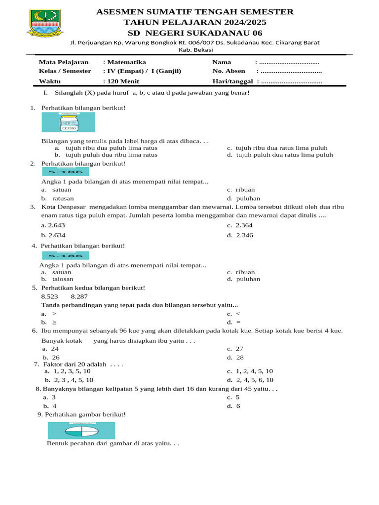 STS Matematika Kelas 4 SMT 1 2024 | PDF