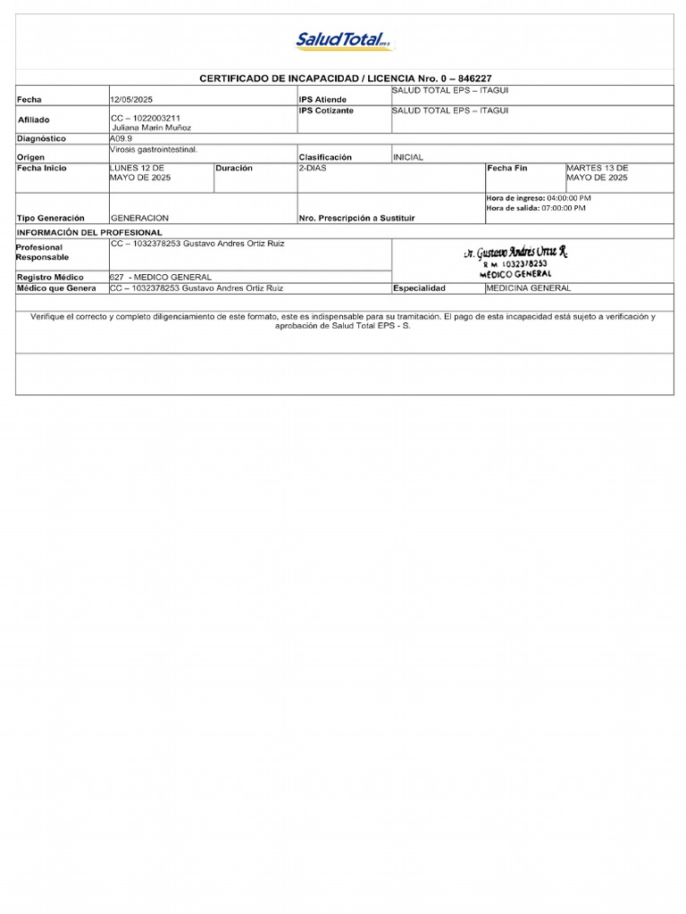 Incapacidad Salud Total Paciente 1022003211 | PDF