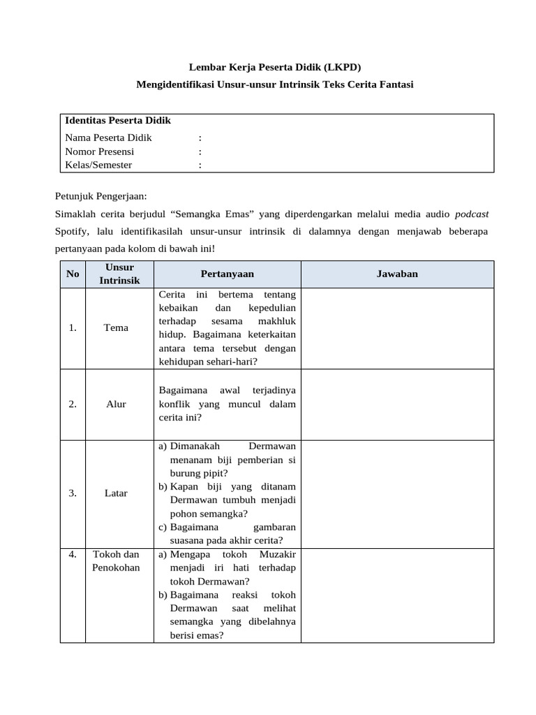 Lembar Kerja Peserta Didik (LKPD) Teks Cerita Fantasi | PDF