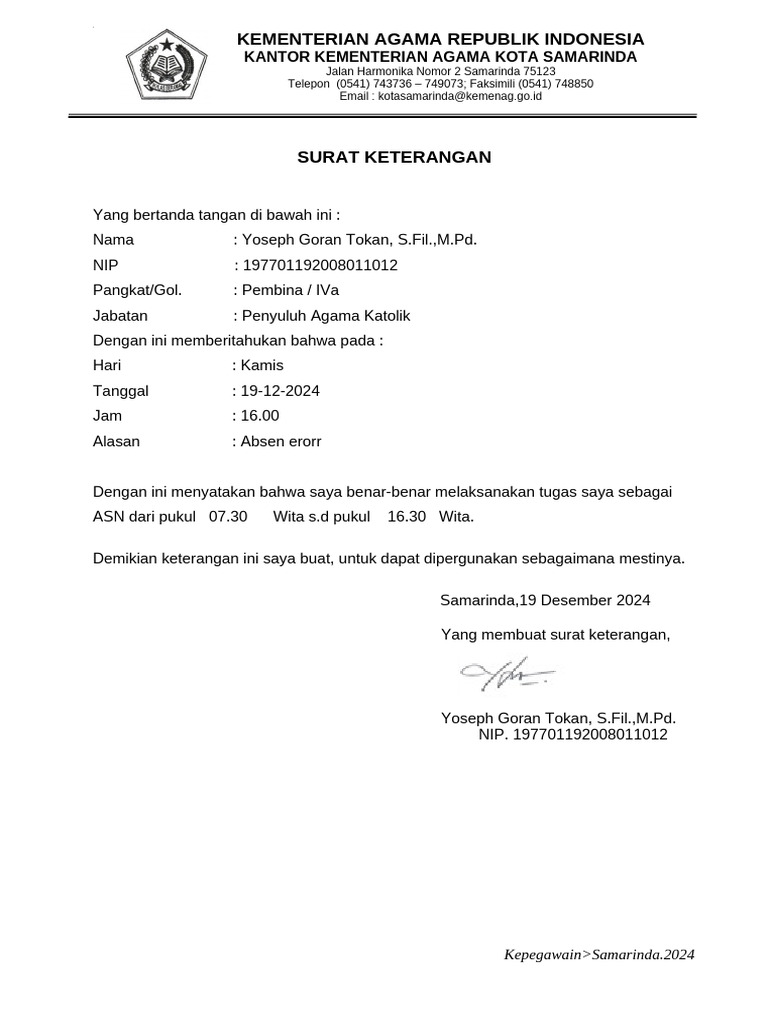 Form Surat Keterangan Lupa Absen - Pusaka Error | PDF