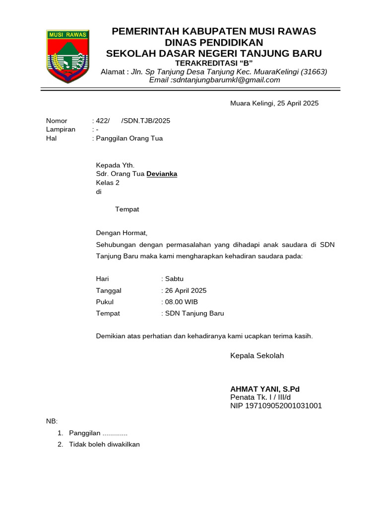 Surat Pangilan Orang Tua | PDF