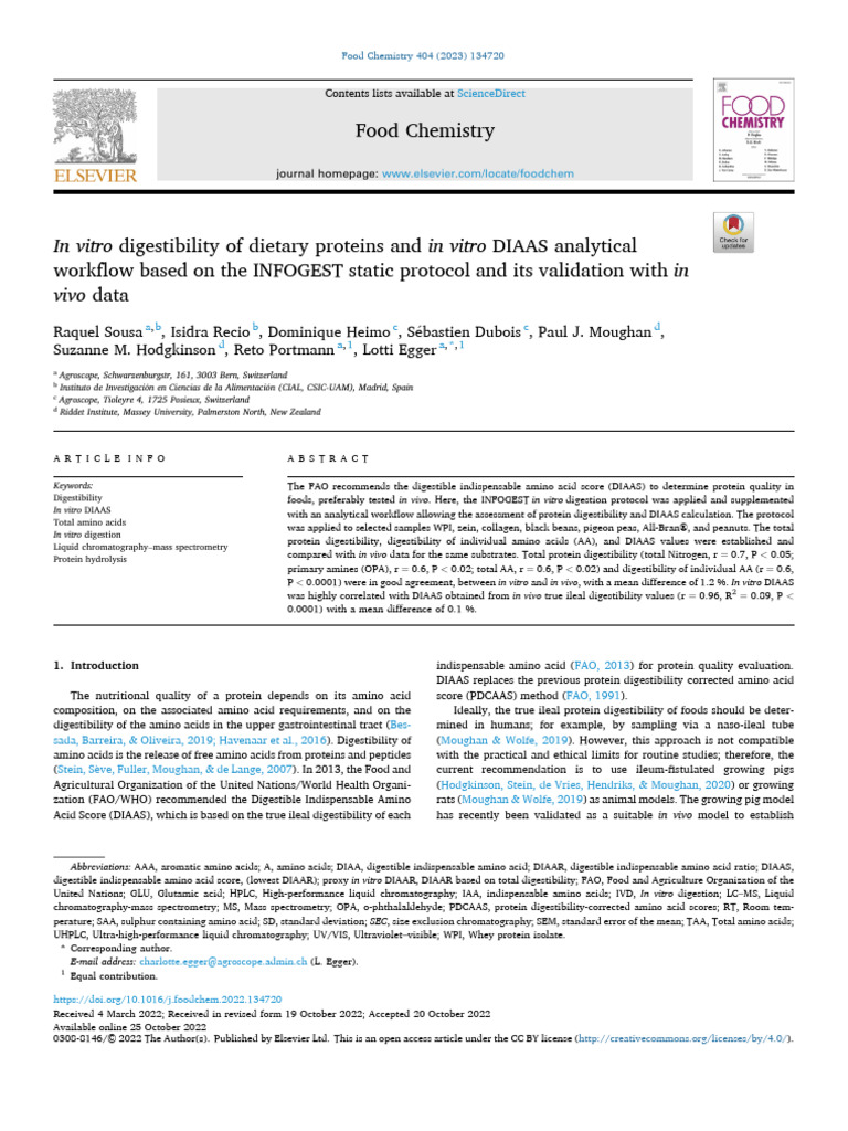 In Vitro Digestibility of Dietary Proteins and in Vitro DIAAS ...