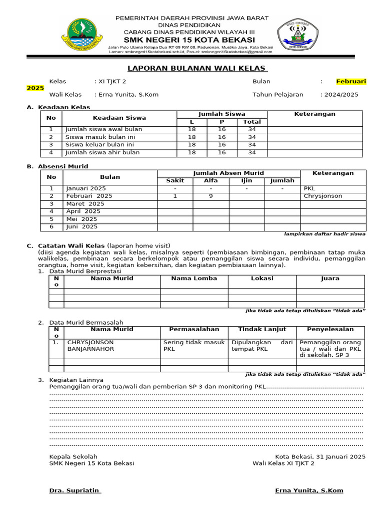 XI TJKT 2 - Laporan Wali Kelas - Februari 2025 - Erna Yunita | PDF