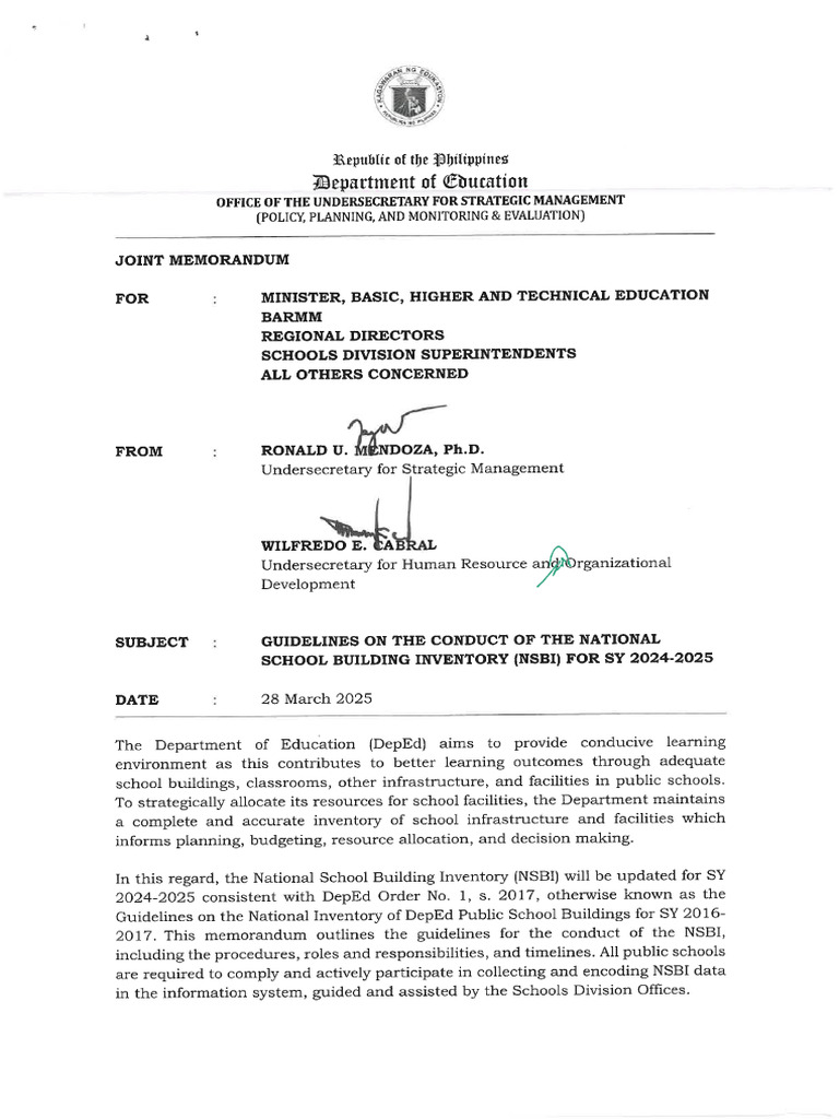 Joint Memorandum Guidelines On The Conduct of NSBI For CY 2024 2025 | PDF