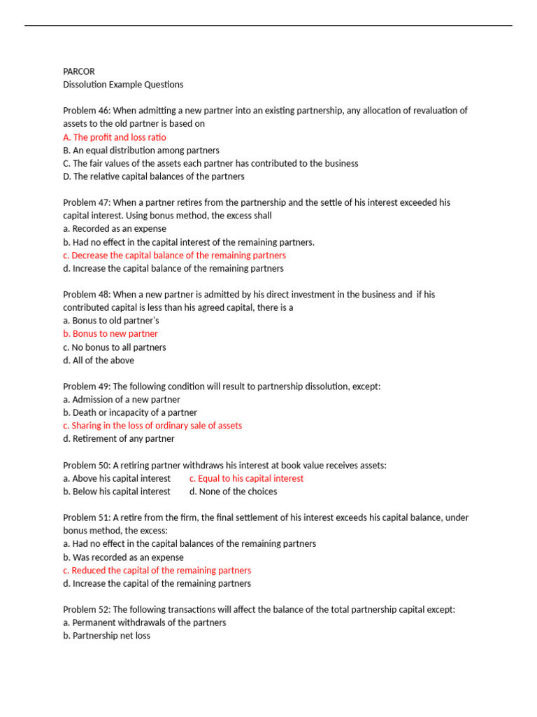PARCOR Dissolution Example Questions | PDF | Equity (Finance) | Partnership