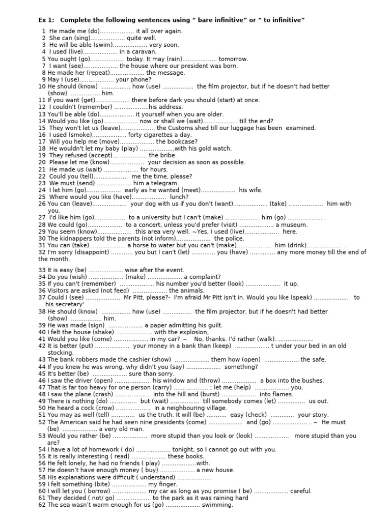 Bare Inf or To Infinitive Exercisesssss Enclosed1 | PDF