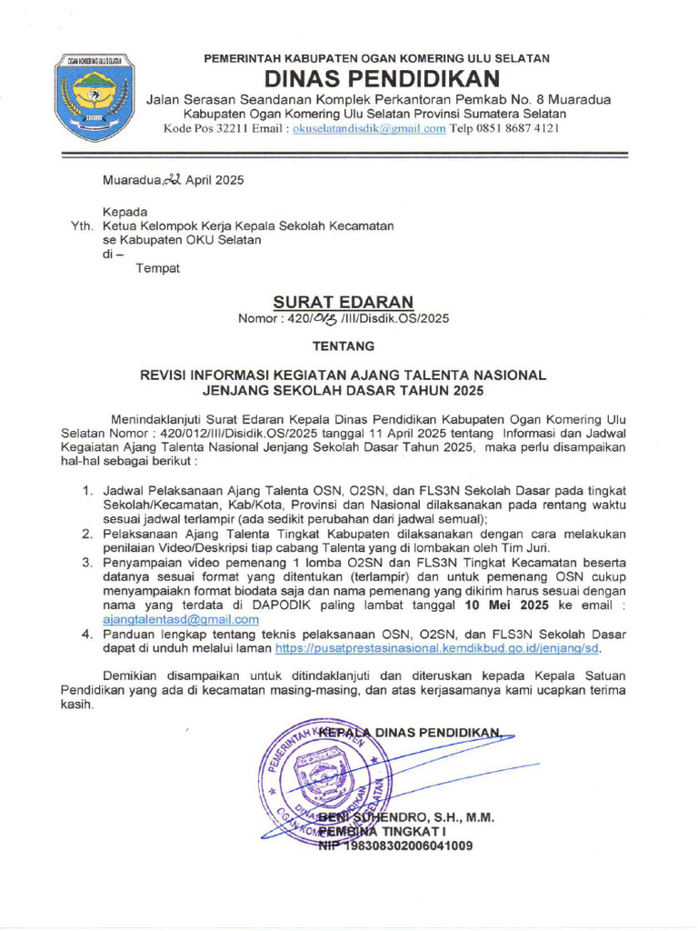 Surat Edaran Tentang Revisi Informasi Kegiatan Ajang Talenta SD Tingkat Kabupaten 2025 | PDF