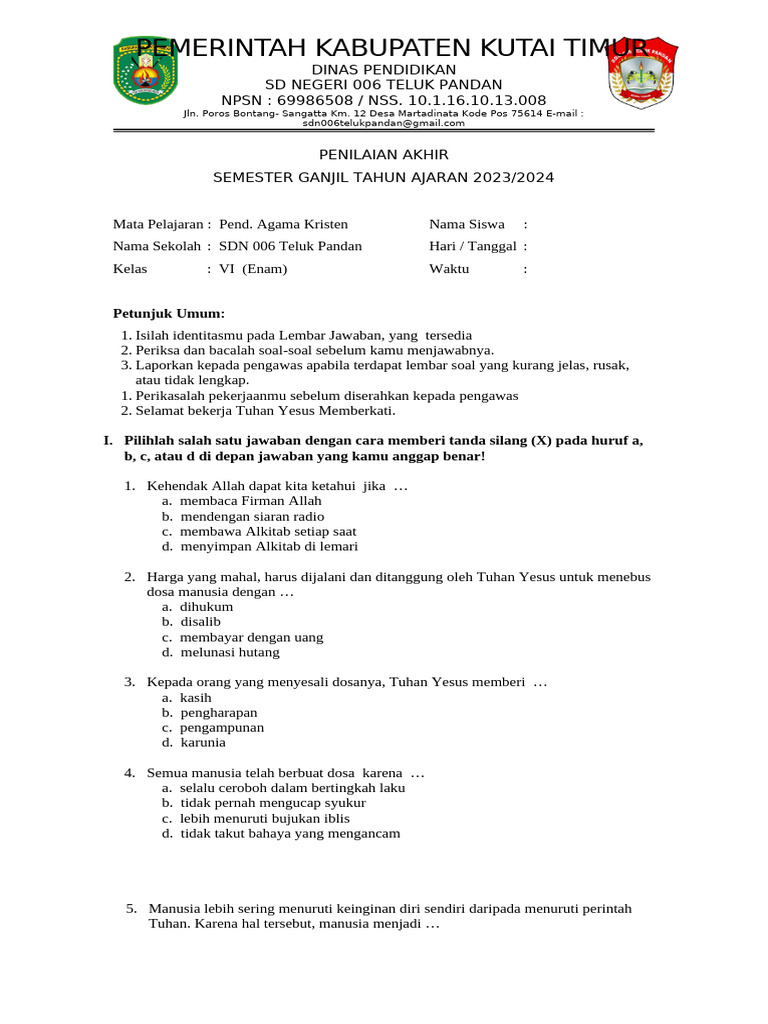 Soal PAK Kelas 5 SDN 006 Teluk Pandan | PDF