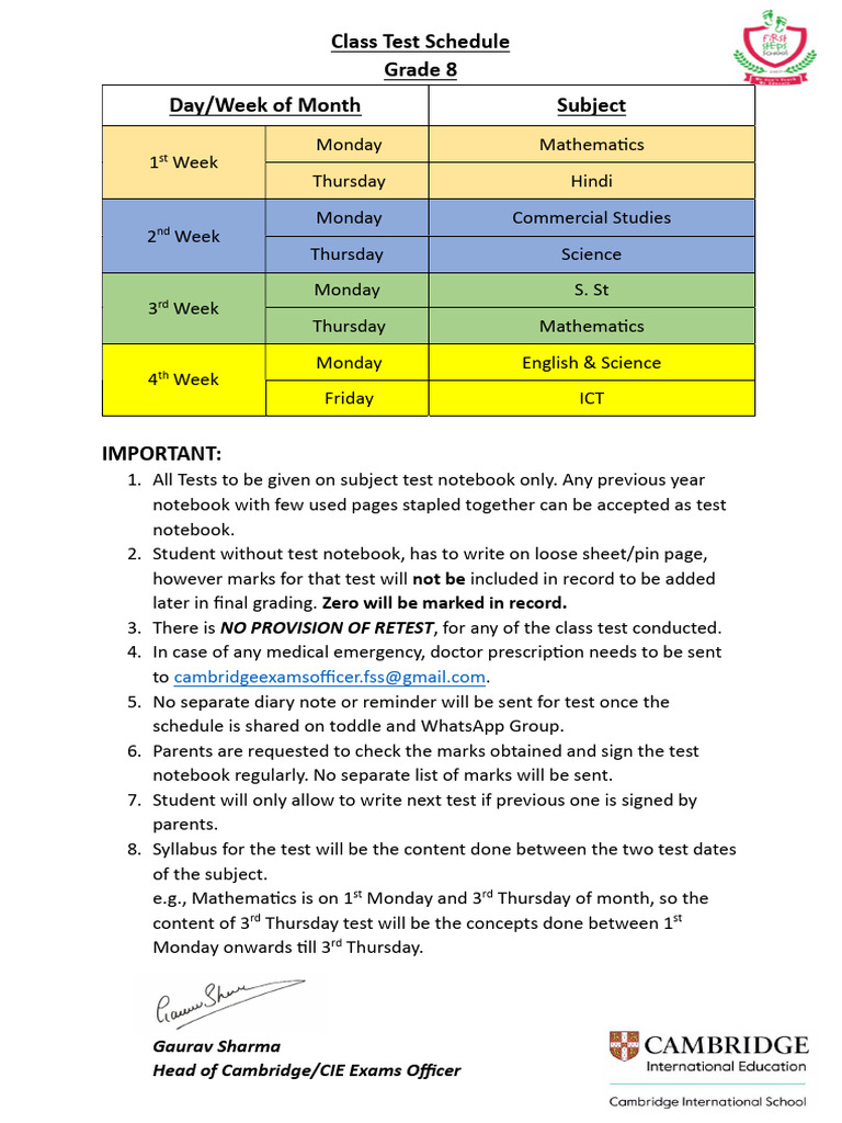 G8 ClassTest Schedule 2025 | PDF
