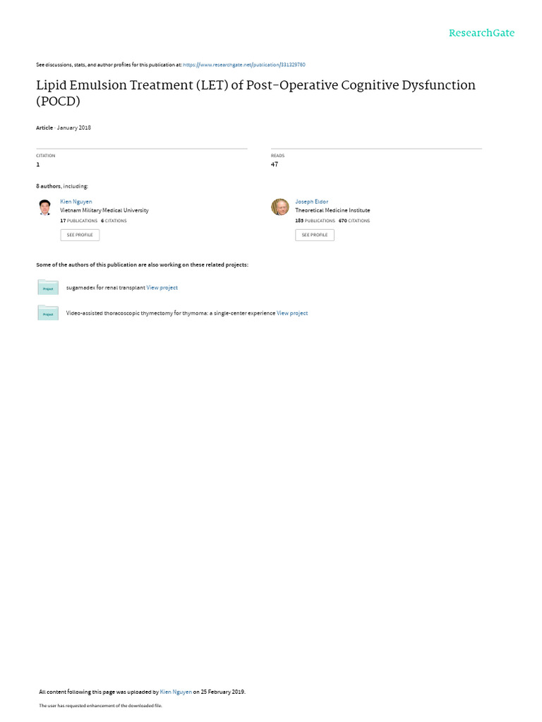 Lipid Emulsion Treatment (LET) of Post-Operative Cognitive Dysfunction ...