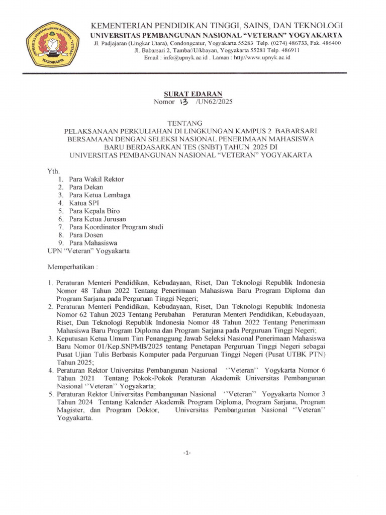 Surat Edaran Pelaksanaan Perkuliahan | PDF