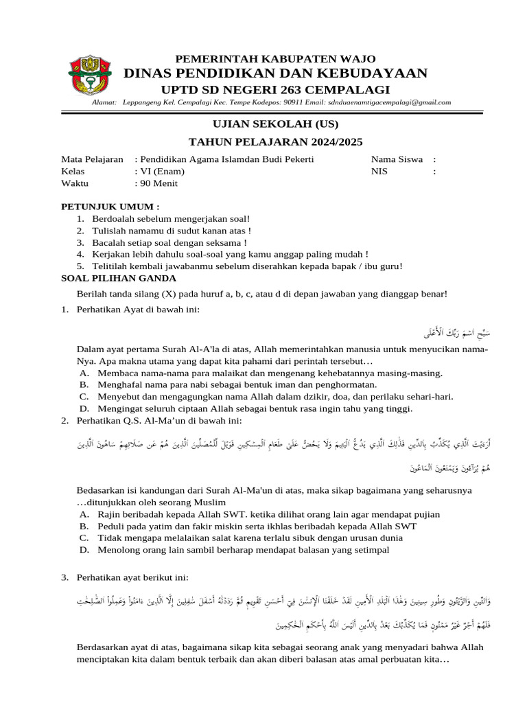 Soal Ujian Sekolah Kelas Vi Tahun 2025 | PDF