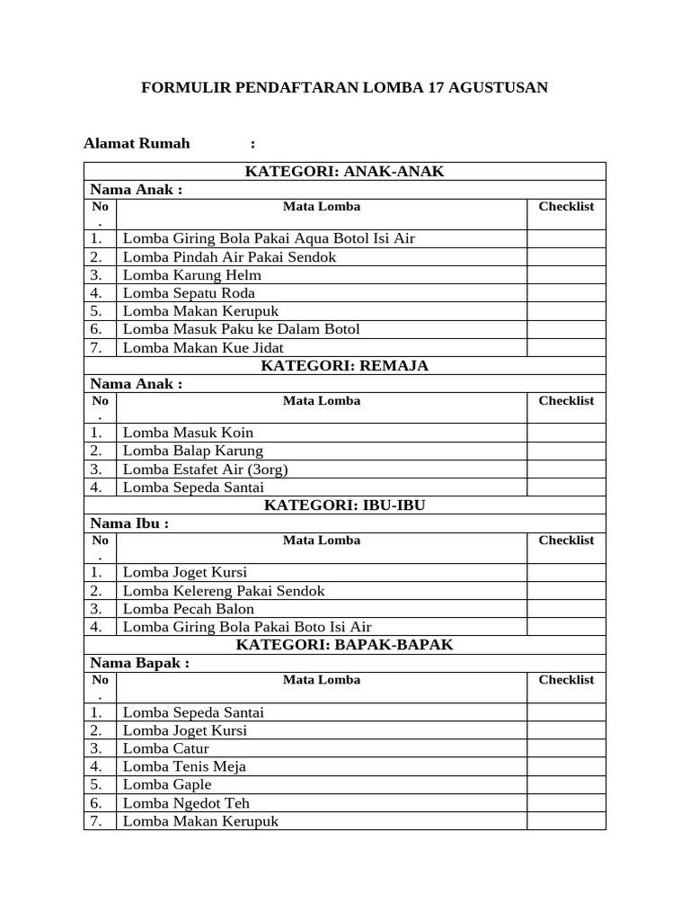 Formulir Pendaftaran Lomba 17 Agustusan | PDF