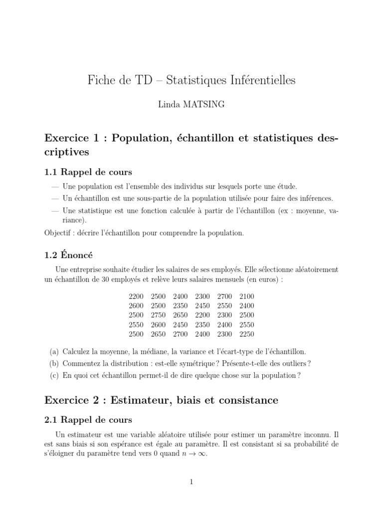 TD Statistiques Inférentielles | PDF | Estimateur (statistique ...