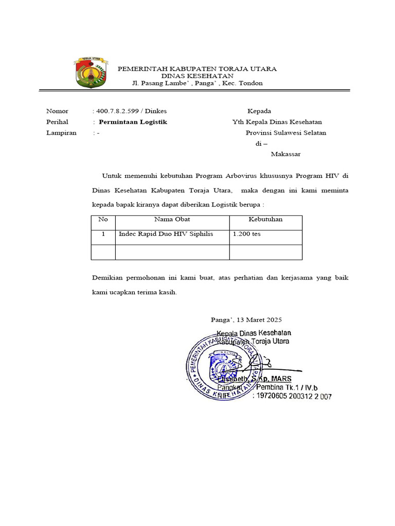 Permintaan Logistik Hiv Maret 2025 | PDF