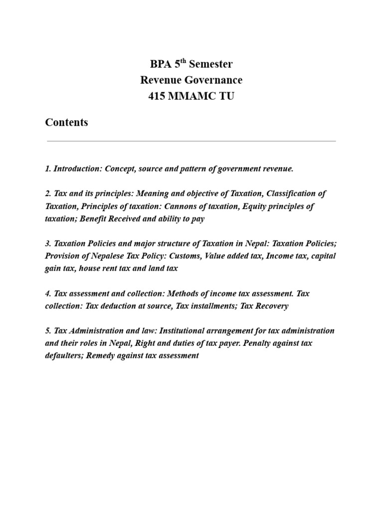 Revenue Governance - BPA - 5th Semester | PDF | Taxes | Equity (Economics)