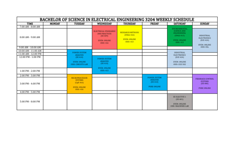 Electrical Engineering Weekly Schedule | PDF