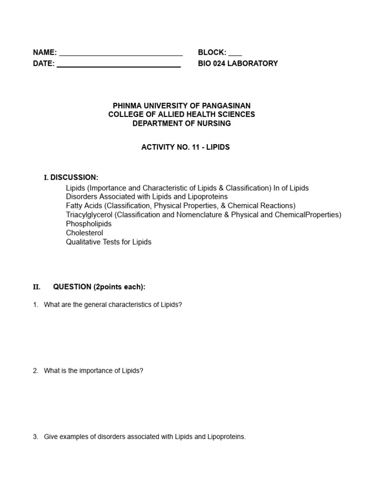 (Bio 024) Lab Activity 11 - Lipids | PDF