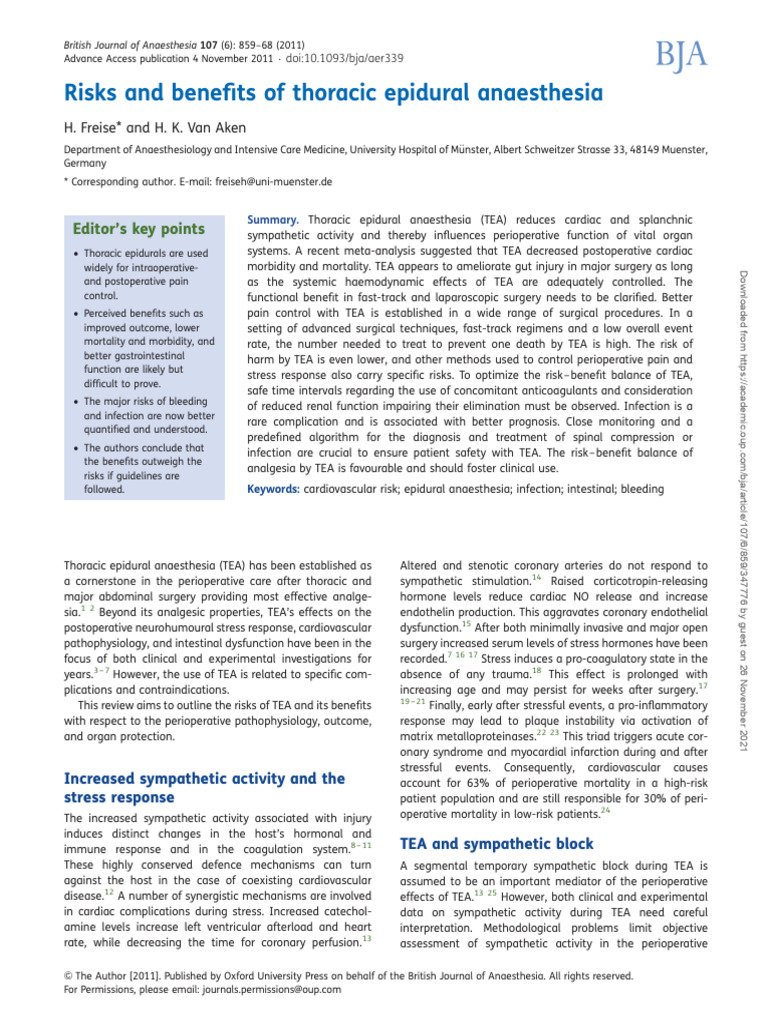 Risks and benefits of thoracic epidural anaesthesia | PDF | Anesthesia | Surgery