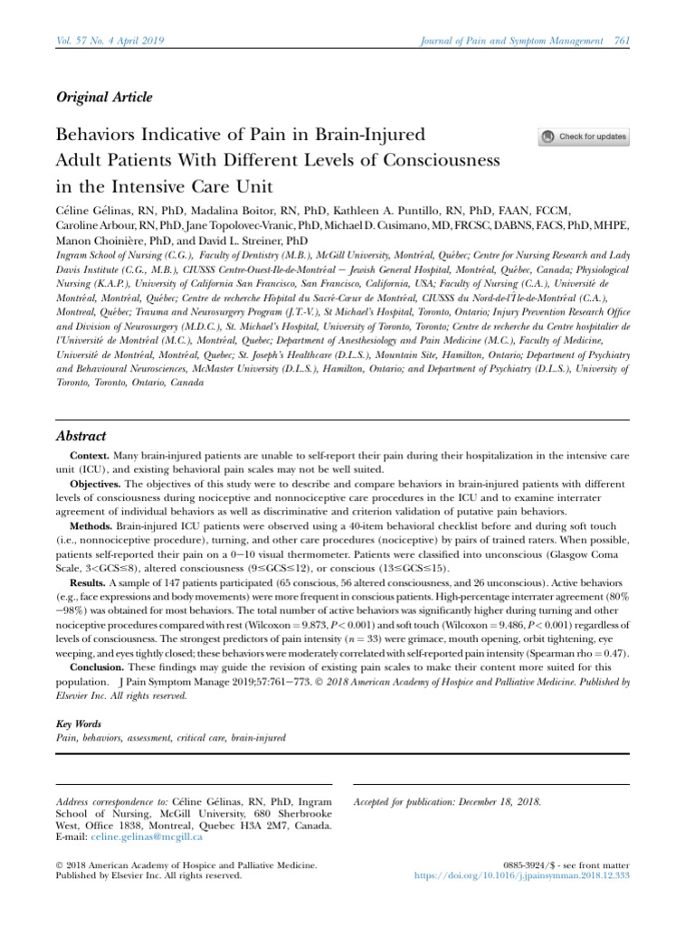 Behavior Indicative of Pain in Brain Injured | PDF | Pain | Intensive Care Unit