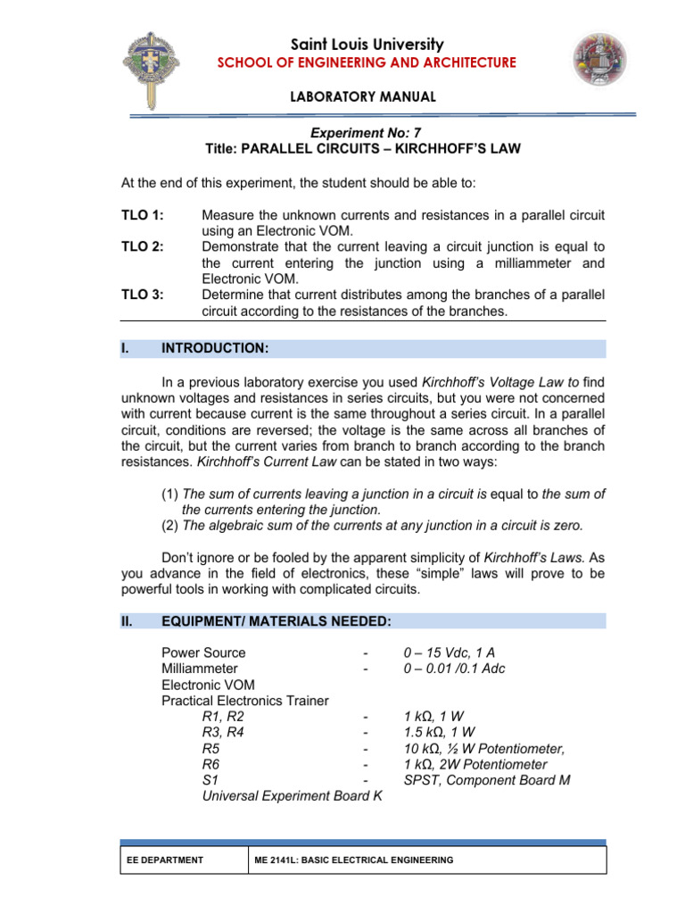 Experiment 7 - Parallel Circuits Kirchhoff's Law | PDF | Series And ...