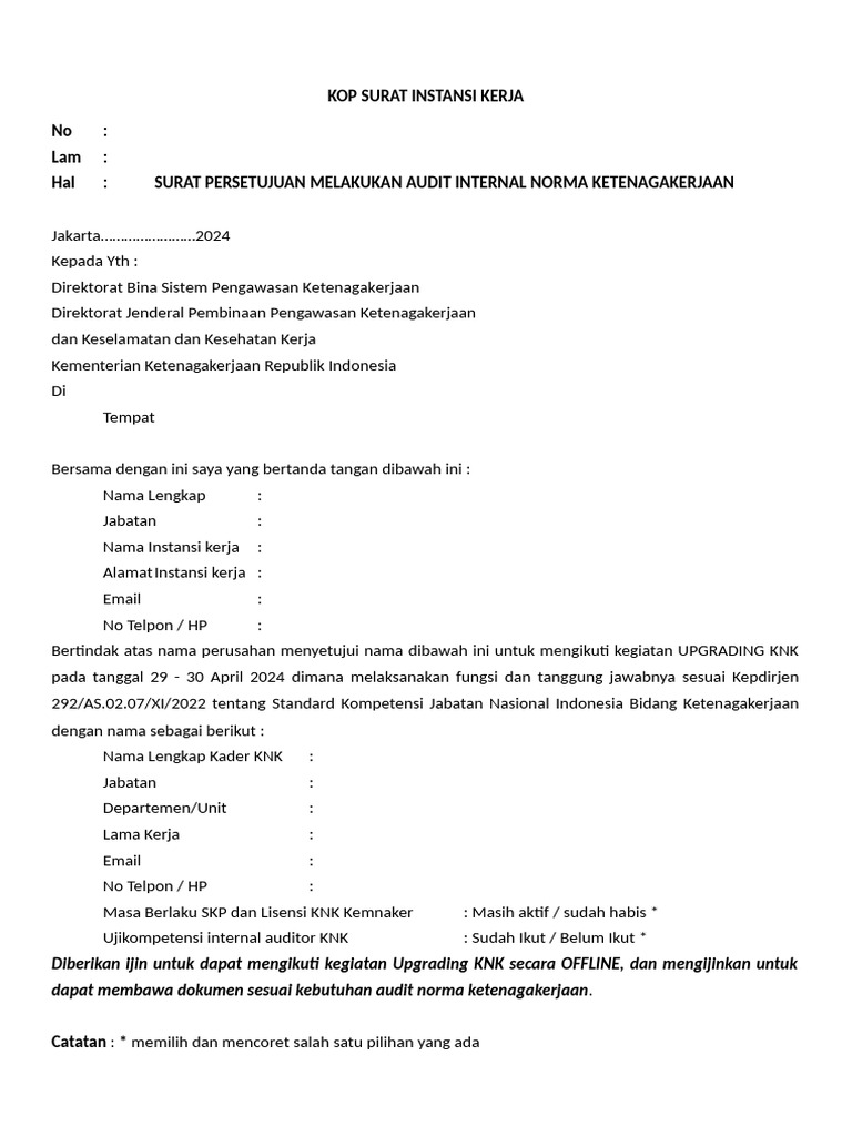 Surat Persetujuan Audit Internal Ketenagakerjaan | PDF