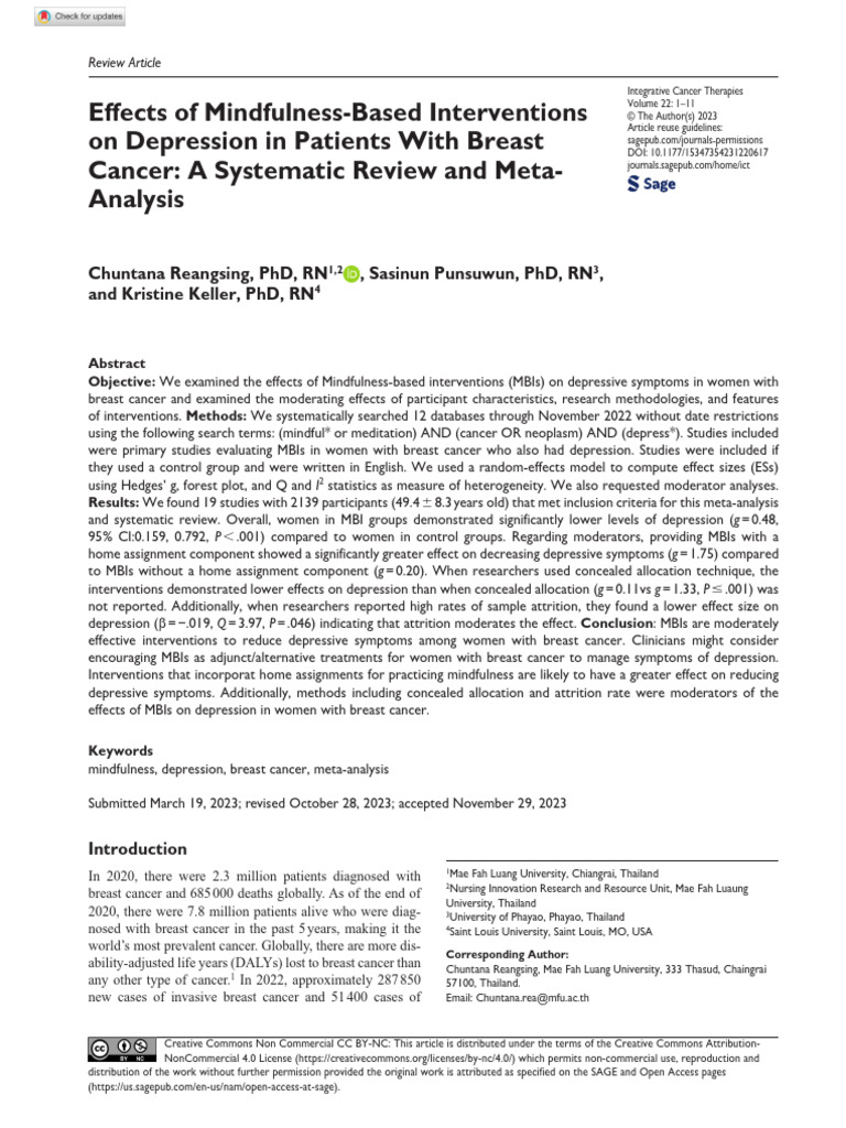 Reangsing et al. (2023) . Effects of Mindfulness-Based Interventions on Depression in Patients ...