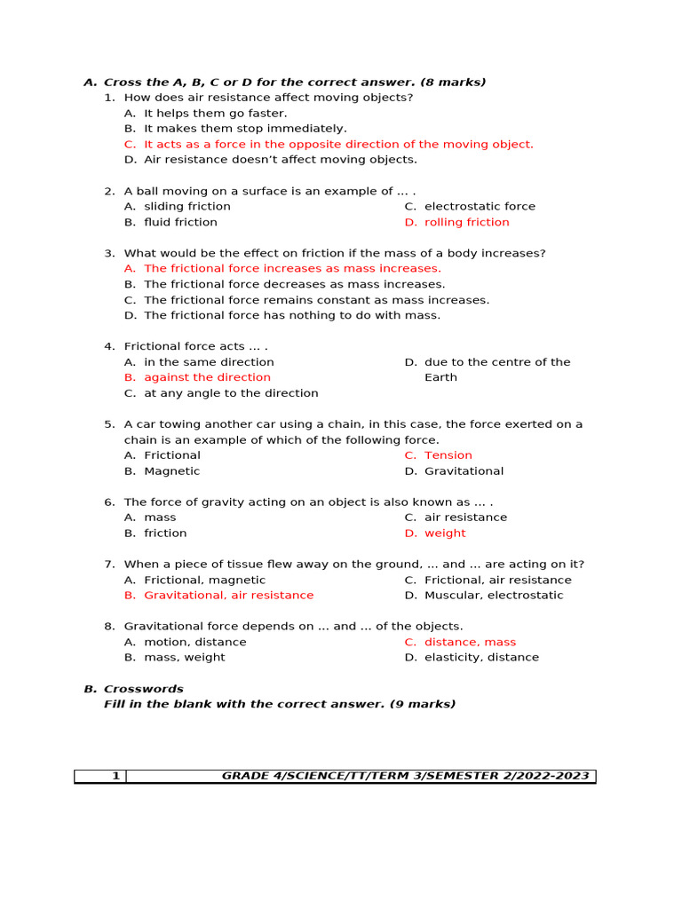 G4 Science TT TERM 3 - S2 2022-2023 | PDF | Force | Friction