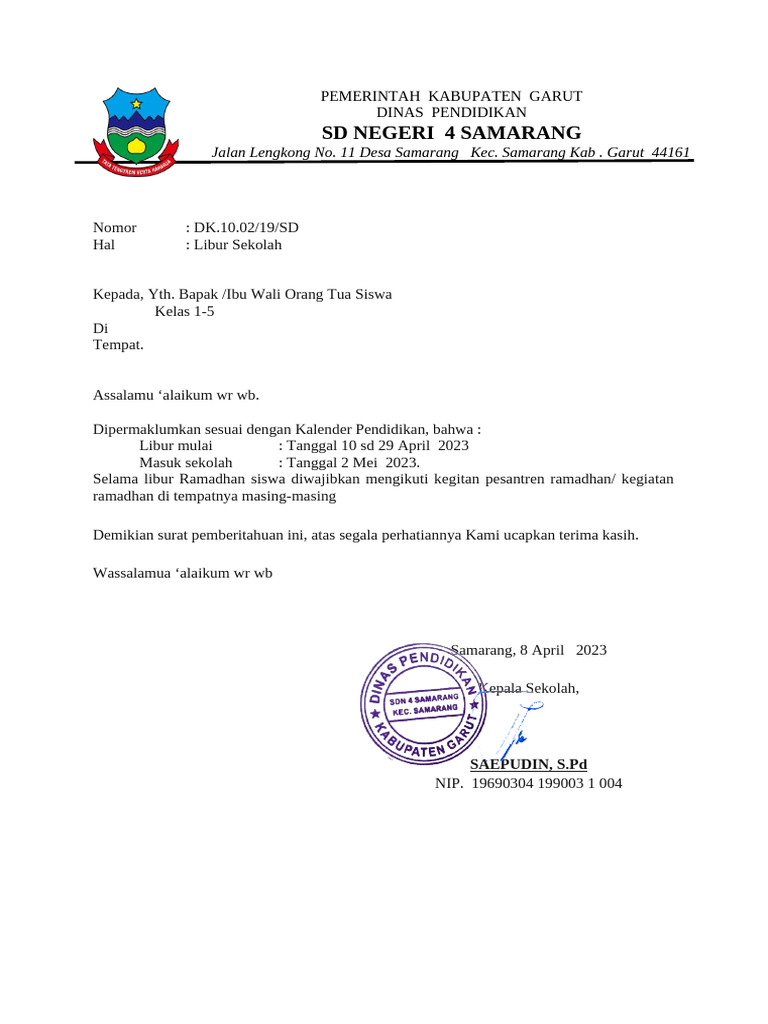 Surat Pemberitahuan Libur Selma Ramadhan 2023. | PDF