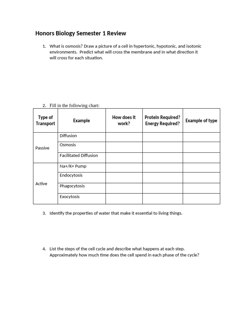 Honors Biology Semester 1 Review2012 | PDF | Cell (Biology) | Dna